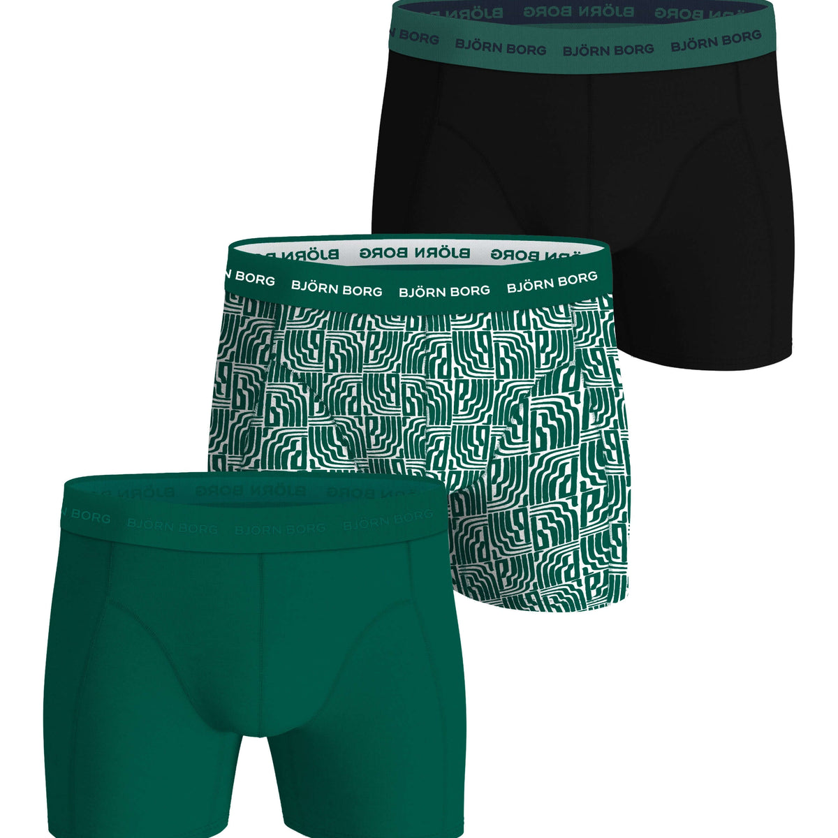 Björn Borg 3 Pack Cotton Stretch Boxers – Green Design – Trunks and Boxers