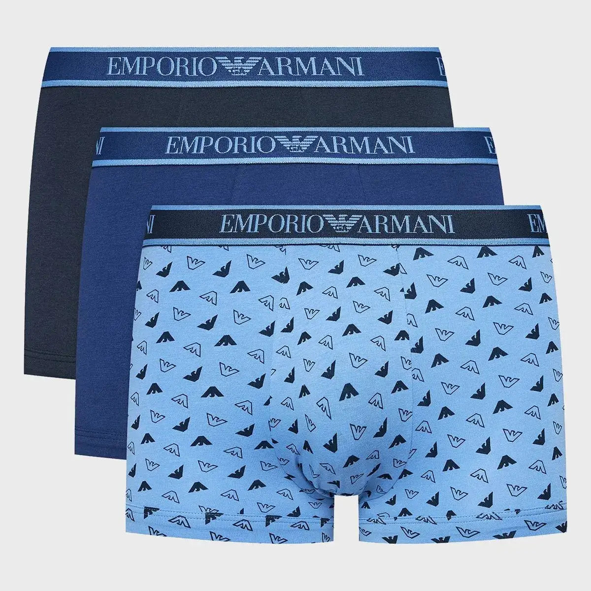Emporio Armani 3 Pack Trunks Stretch Cotton - Blue / Navy / Print – Trunks and Boxers