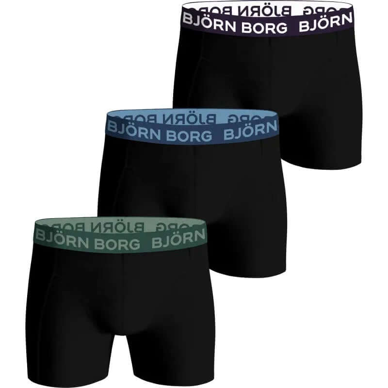 Bjorn Borg Cotton Stretch Boxer Trunks 3 Pack - Black, Contrast Waistb ...