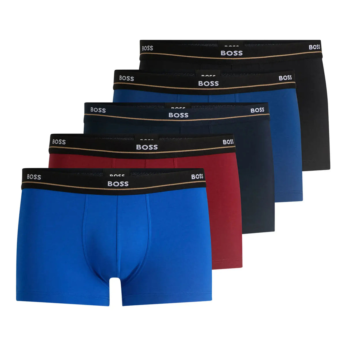 Boss 5 Pack Cotton Stretch Trunks with Logo Waistbands - Blue / Black ...