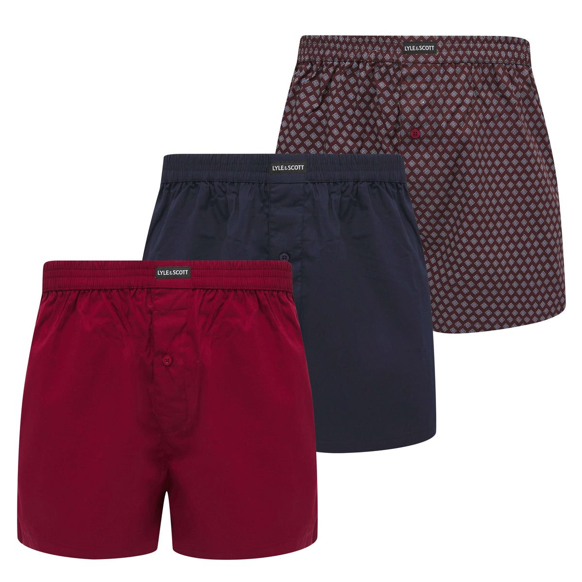 Lyle & Scott 3 Pack Men's Darwin Woven Boxers - Peacoat/AOP/Ruby Wine ...