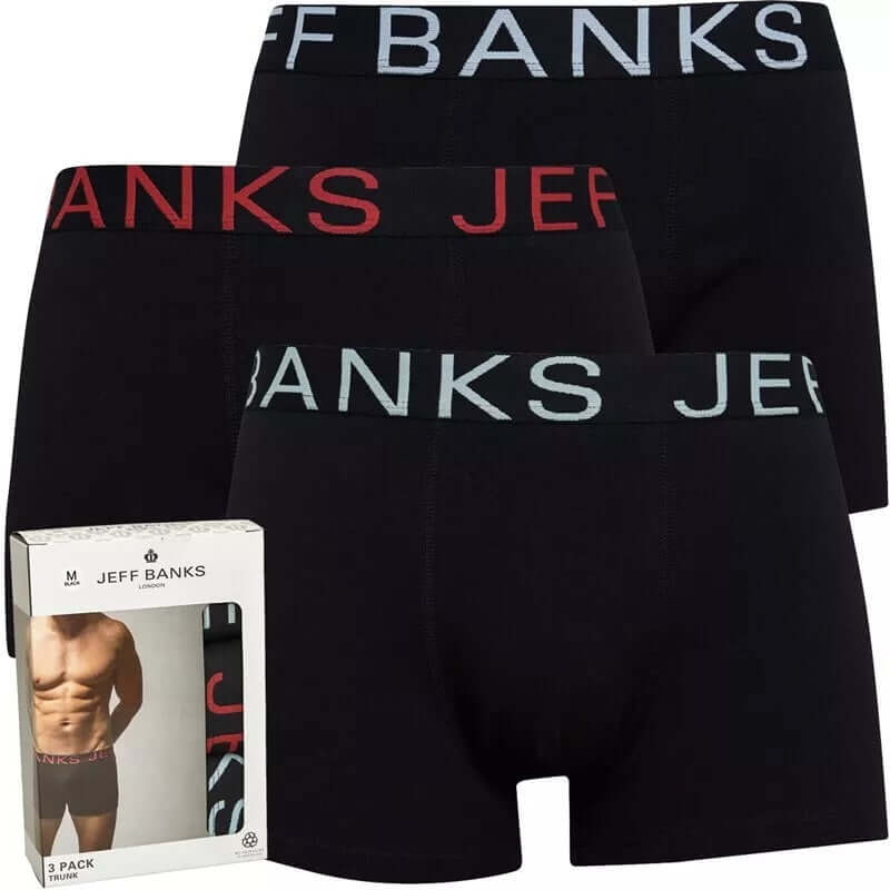 Jeff Banks Men's 3 Pack Black Cotton Fashion Trunks - Black with Colou ...
