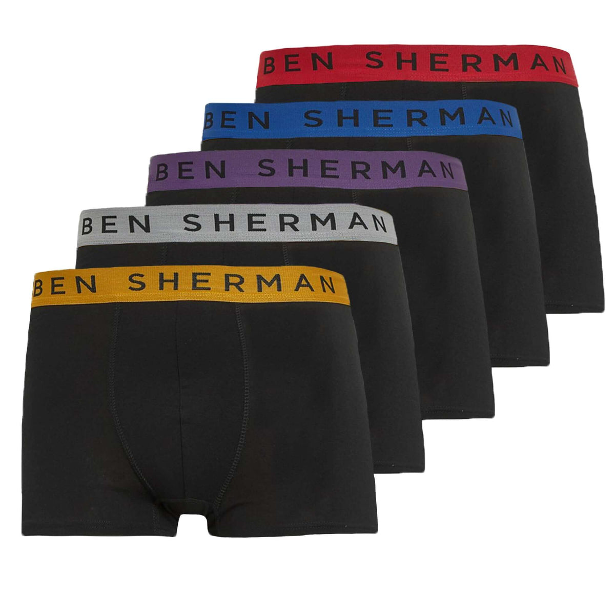 Ben Sherman Men’s 5 Pack Black Boxer Shorts with Coloured Waistbands ...