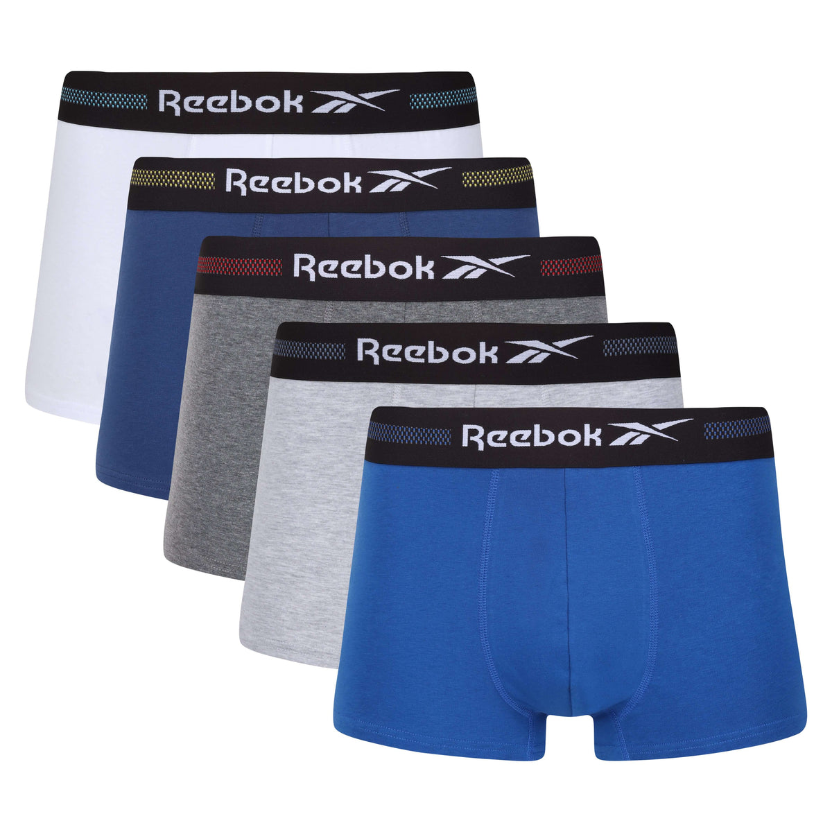 Reebok Mens 5 Pack Ennio Sports Trunks - Blue/Charcoal/Navy/White/Grey ...