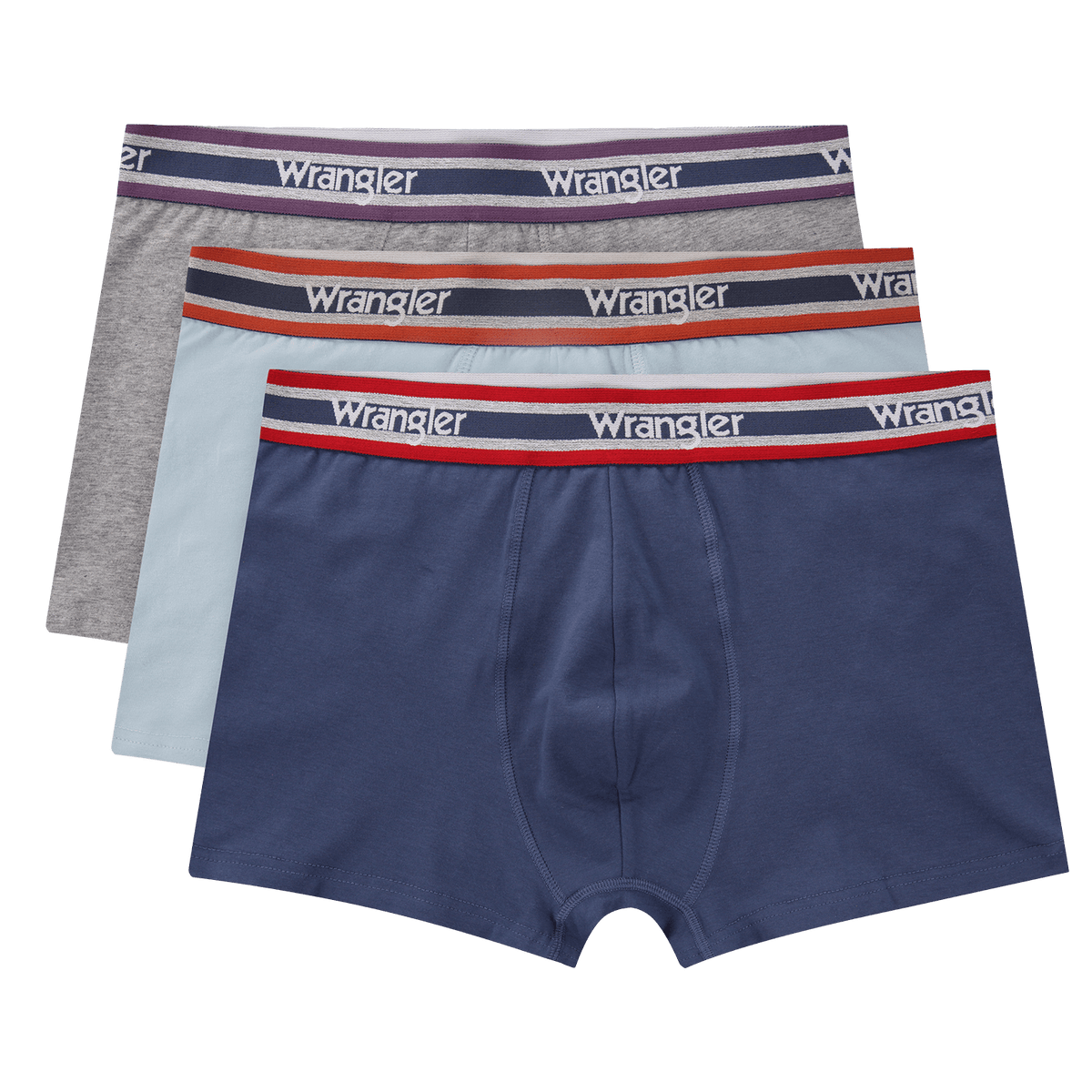 Wrangler 3 Pack Cotton Stretch Trunks - Grey Marl/Dark Denim/Dream Blue ...