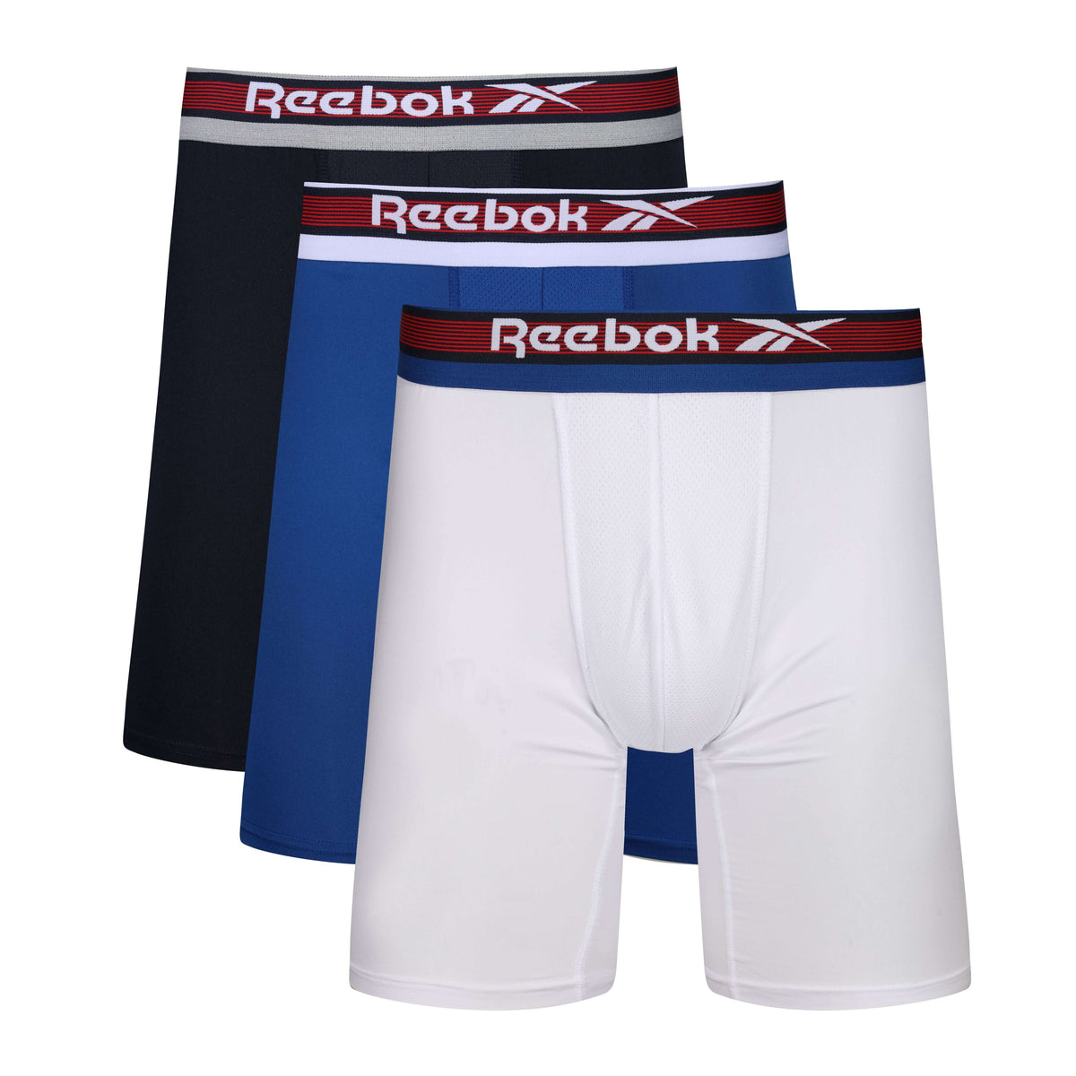 Reebok Mens Ludvig Performance 3 Pack Long Trunks - White/Blue/Navy ...