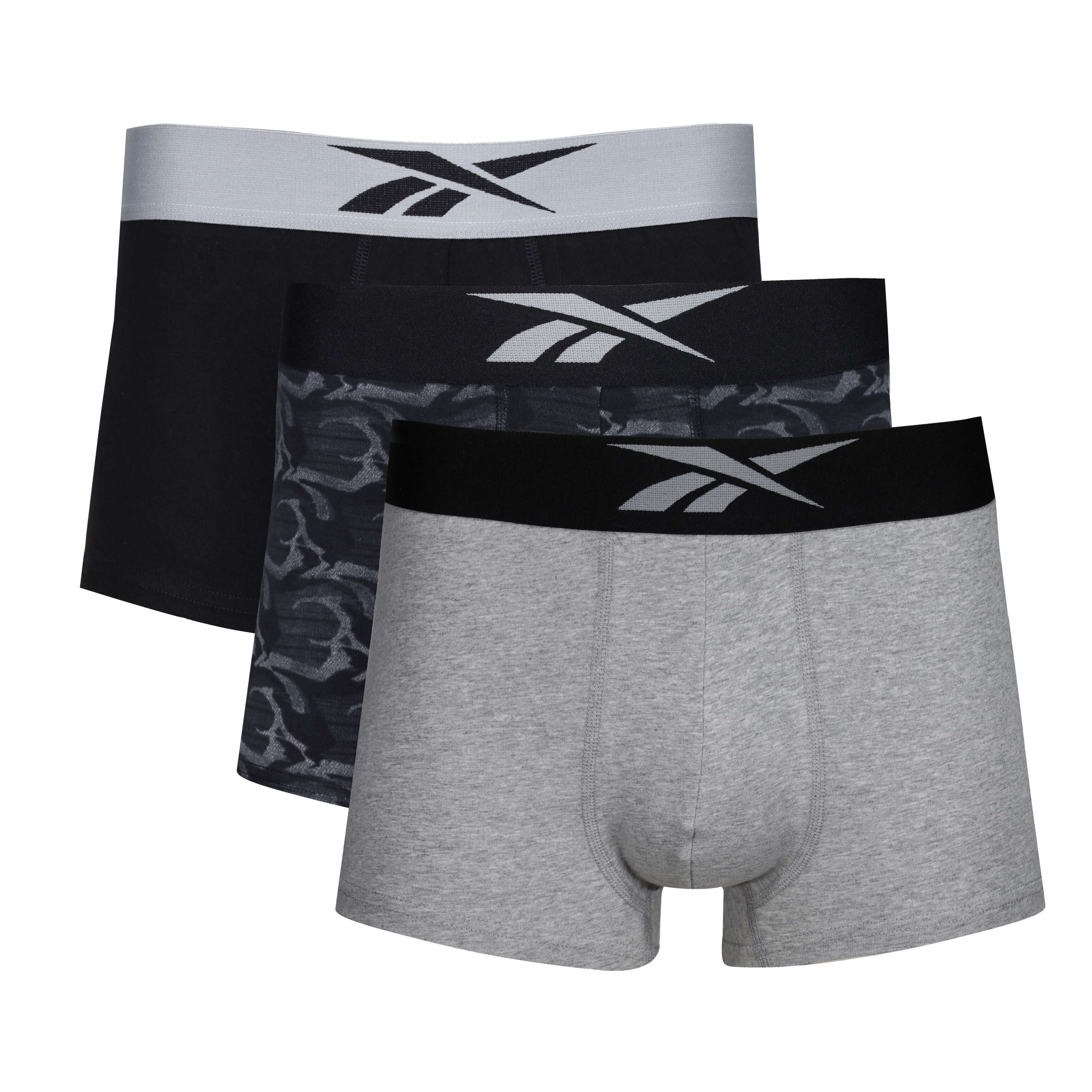Reebok Mens Cotton Stretch 3 Pack Harley Black Trunks - Black/Print/Gr ...