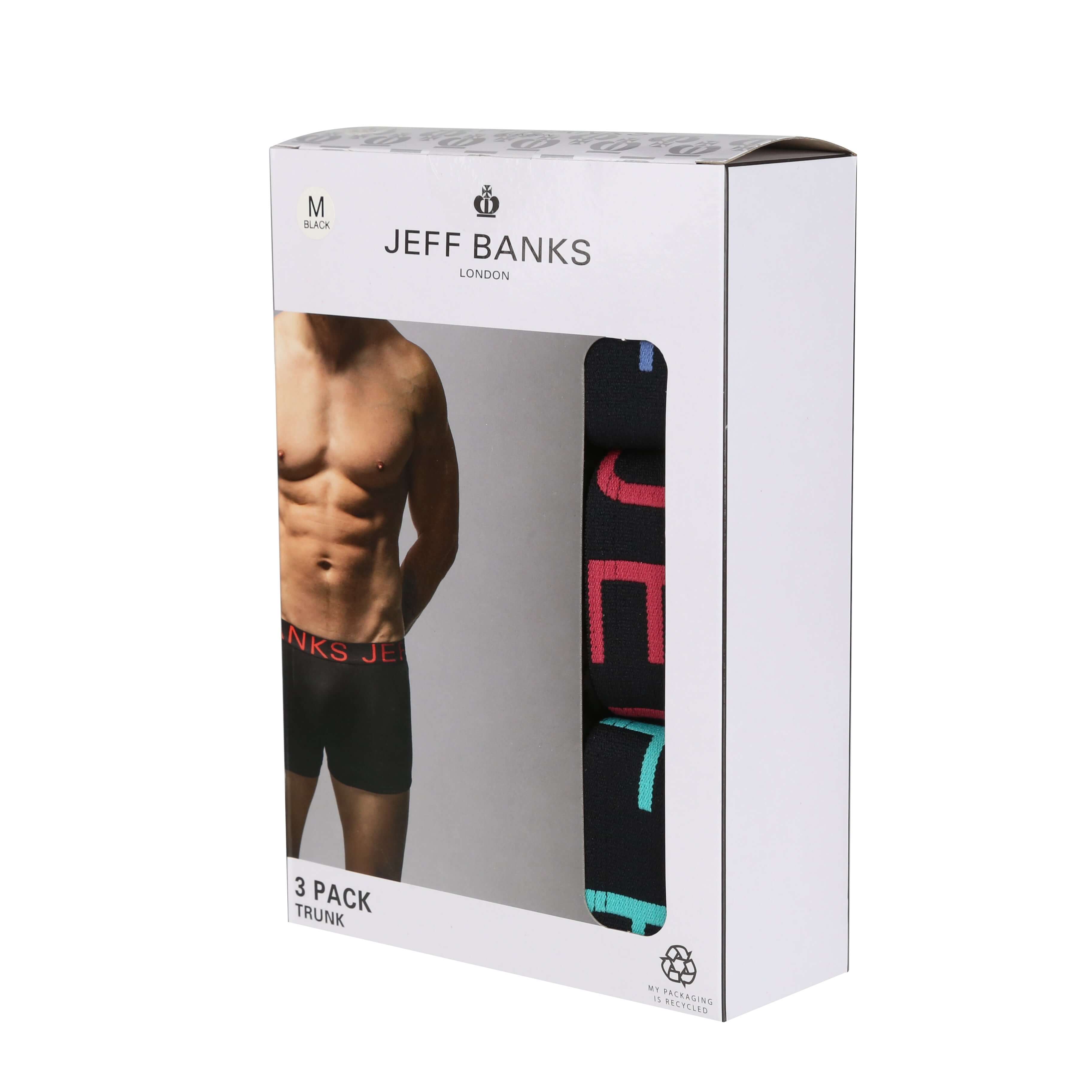 Jeff Banks Men's 3 Pack Black Cotton Fashion Trunks - Black with Colou ...