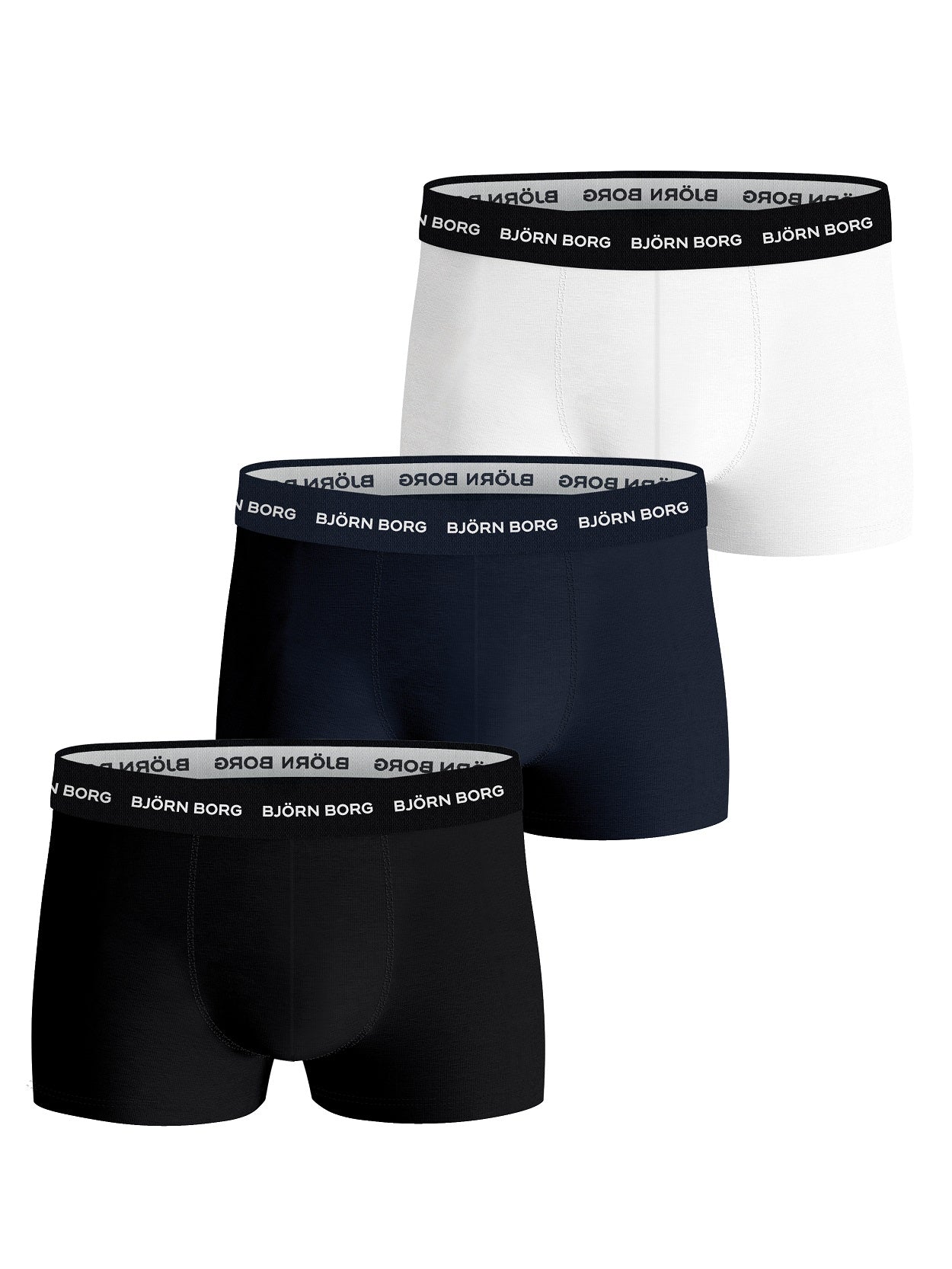 Björn Borg Men's Cotton Stretch Trunks 3 Pack - Black / Blue / White ...