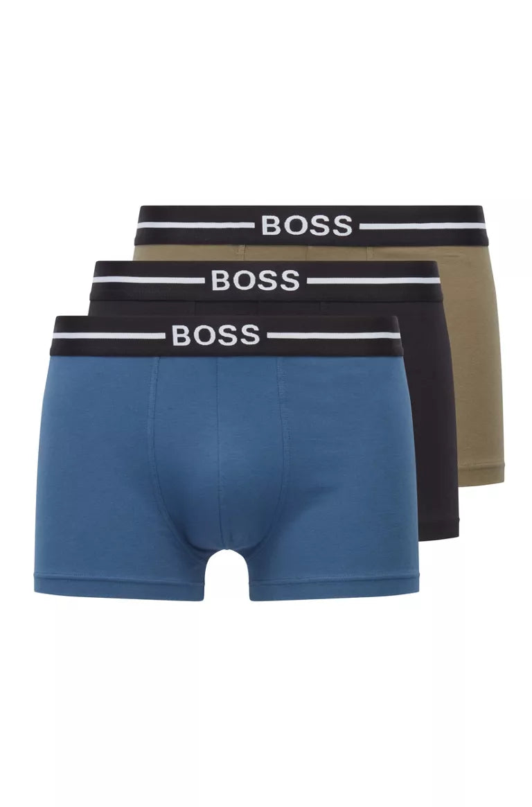 Hugo Boss Stretch Cotton Trunks, Pack of 3 - With Logo Waistbands Blue ...